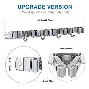 HANZENMA Broom Holder Wall Mount, Broom Organizer Wall Mount Stainless Steel Broom and Mop Hanger Heavy Duty Storage Organization for Home Kitchen Garden Garage Room 5 Racks 4 Hooks Grey