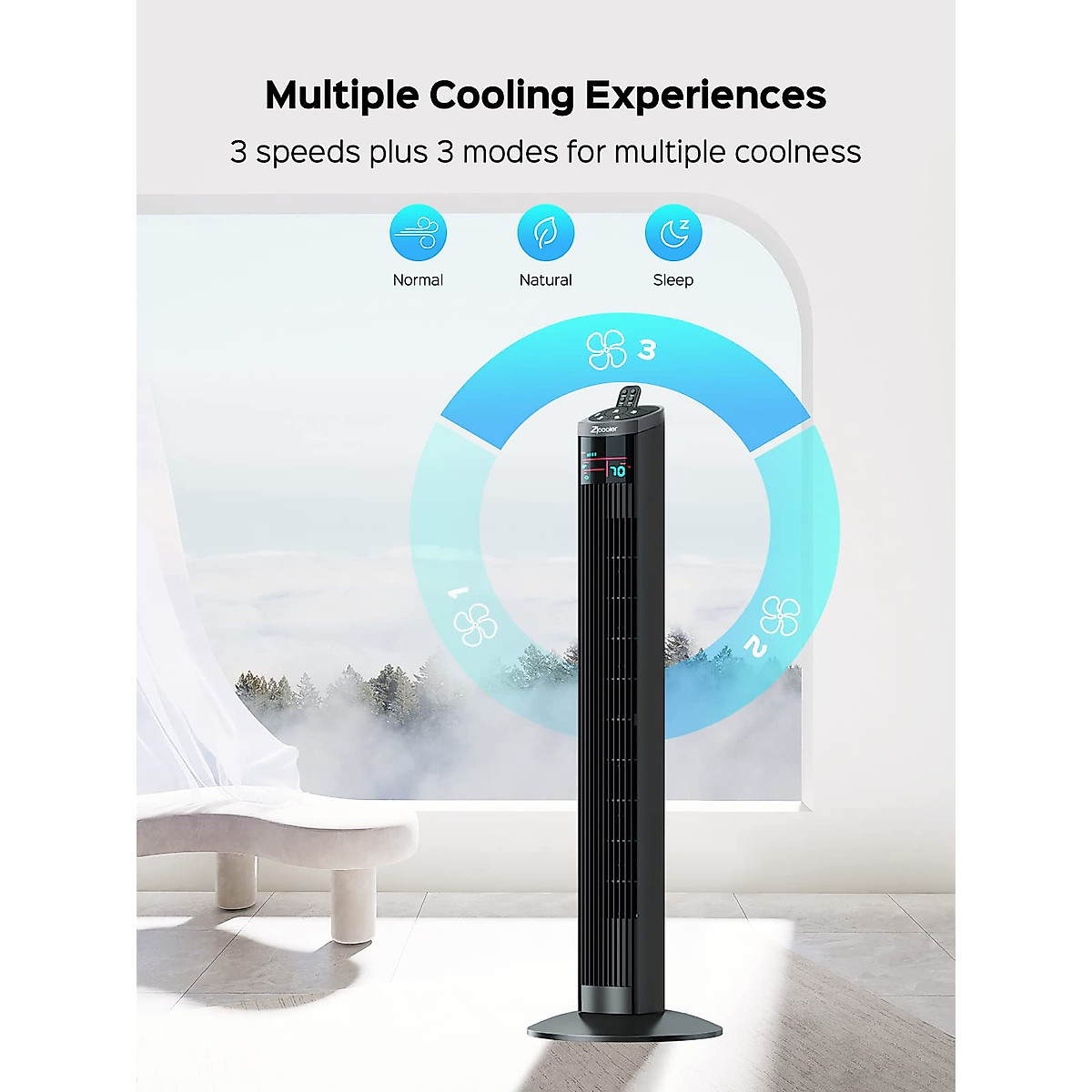 ZICOOLER 37" Tower Fan, Large Airflow 70° Oscillating Fan with Remote, 32dB Quiet Fan with 3 Modes, LED Display, 15H Timer, 3 Speeds, Standing Fan for Bedroom, Home, Office