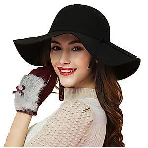 ASSQI Women's 100% Wool Foldable Wide Brim Retro Fedora Floppy Felt Bowler Hat (Black)