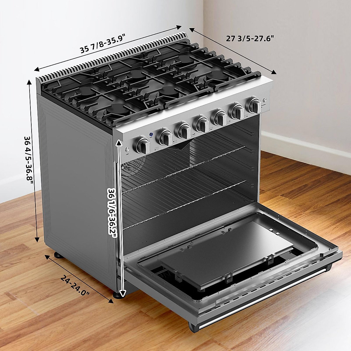 GarveeTech 36” Freestanding Gas Range Stove with 6 Sealed Gas Burner & 6.0 Cu.Ft Electric Convection Oven, Stainless Steel Dual Fuel Range, Slide-In Gas Range Combo for Home and Commercial Use