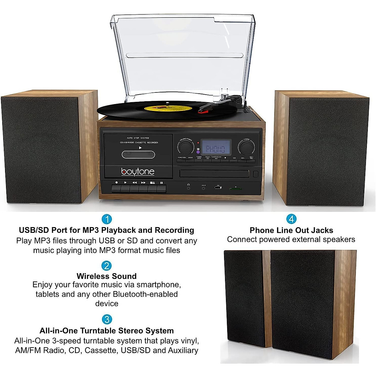 Boytone BT-58W Bluetooth Record Player Turntable with CD Player, Convert LP Vinyl, CD to MP3 Player, Cassette, AM/FM Radio, USB/SD Encoding, Remote Control, Audio Music Player Built in Amplifier