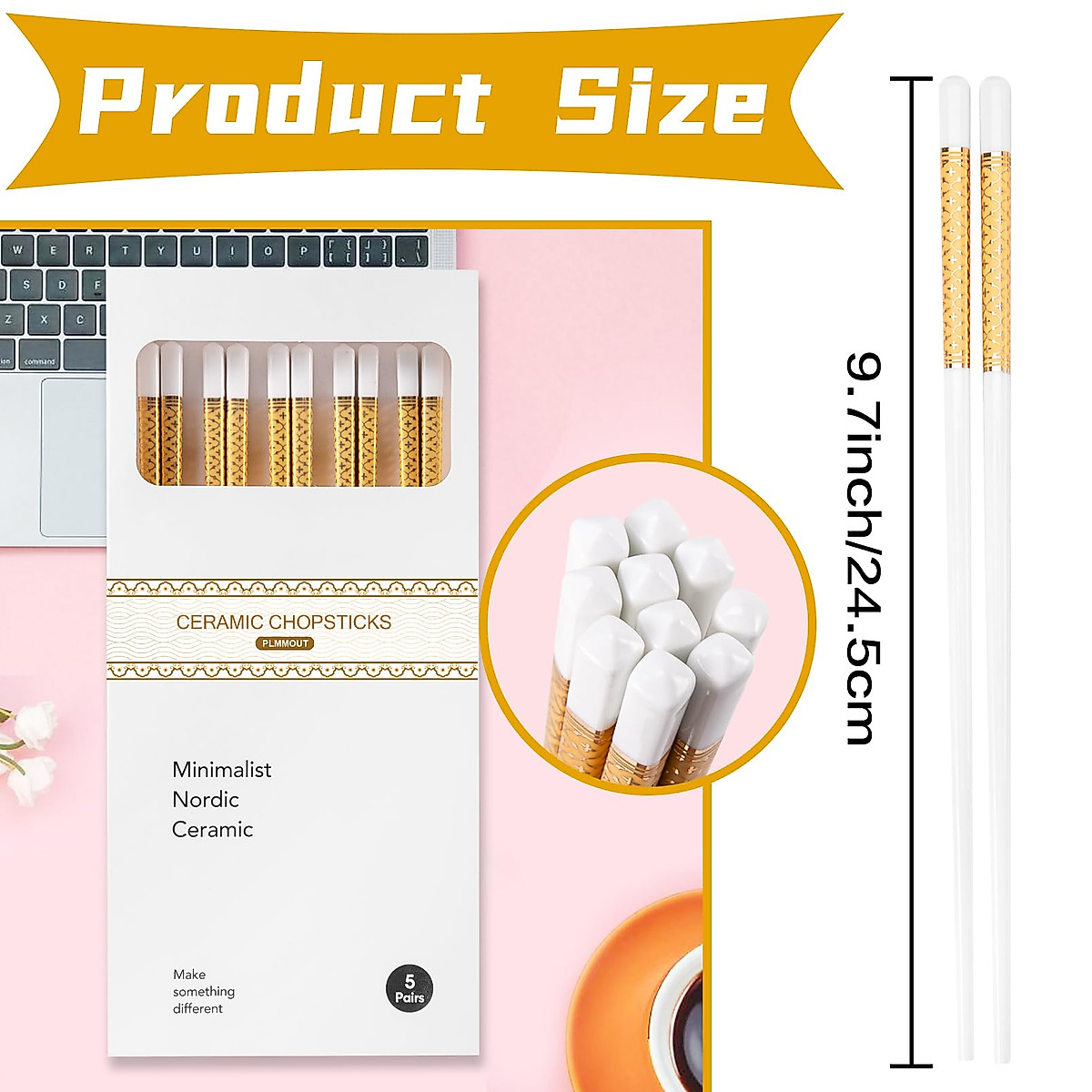 PLMMOUT 5 Pairs Ceramic Chopsticks,High-grade Chop Sticks,Porcelain Chopsticks Reusable Chopstick Set,Anti-Slip Chop Sticks Reusable Dishwasher Safe (9.7 Inch,Golden Pattern)