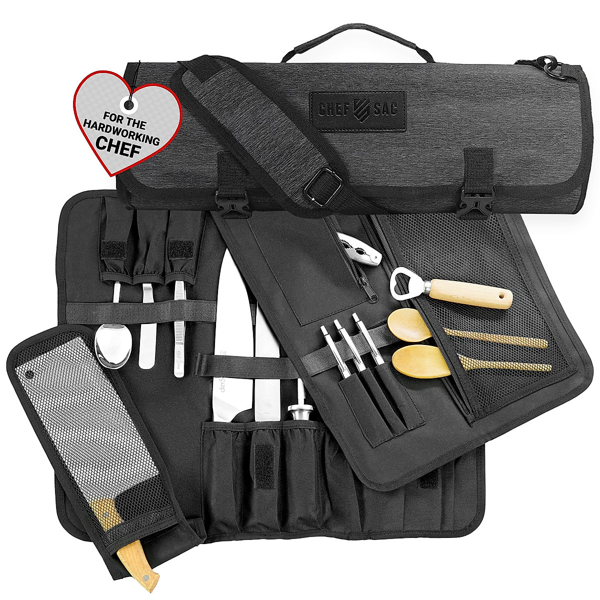 Chef Knife Roll Bag | 8+ Slots for Knives & Kitchen Tools | Water Resistant Knife Bag | Knife Carrying Case Only, Tools Not Included | Chef Knife Bag for Professional Chefs & Culinary Students (Black)