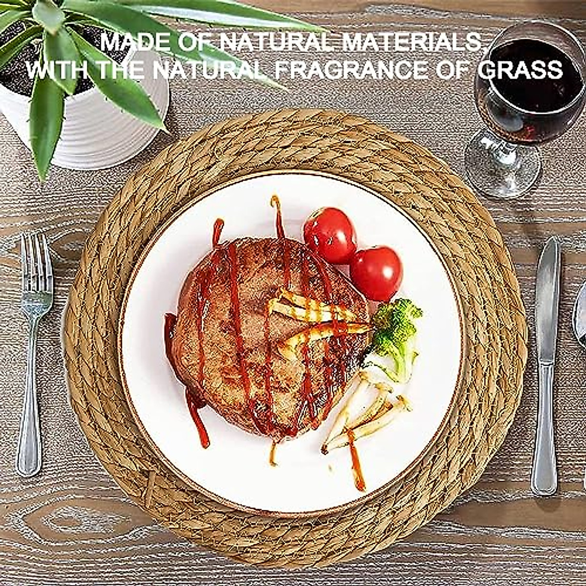 Defined Deco Woven Placemats Set of 10,13" Round Rattan Placemats,Natural Hand-Woven Water Hyacinth Placemats,Farmhouse Weave Place Mats,Rustic Braided Wicker Table Mats for Dining Table,Home,Wedding.