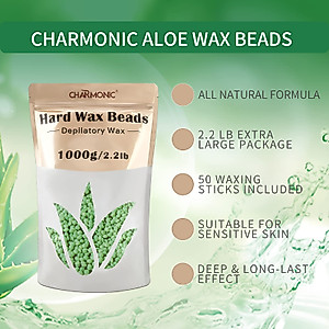 2.2LB/1000g Wax Beads, Hard Wax Beads, Hard Wax Kit for Legs, Underarm, Face, Eyebrow, Bikini, and Brazilian Hair Remover, Women and Men Hair Removal Wax Beans Include 50 Waxing Sticks By Charmonic