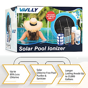 Vivlly Solar Pool Ionizer, Cleaner, and Purifier Restores Clear, Chlorine-Free Water, Long Lasting Anode for 35,000 Gallons, Natural Shock for Swimming Areas, Smart Replacement