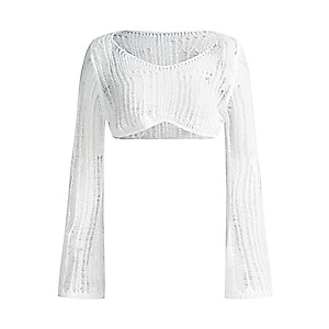 Verdusa Women's Hollow Out Sheer Long Sleeve Sweater Knit Crop Pullover Top White L