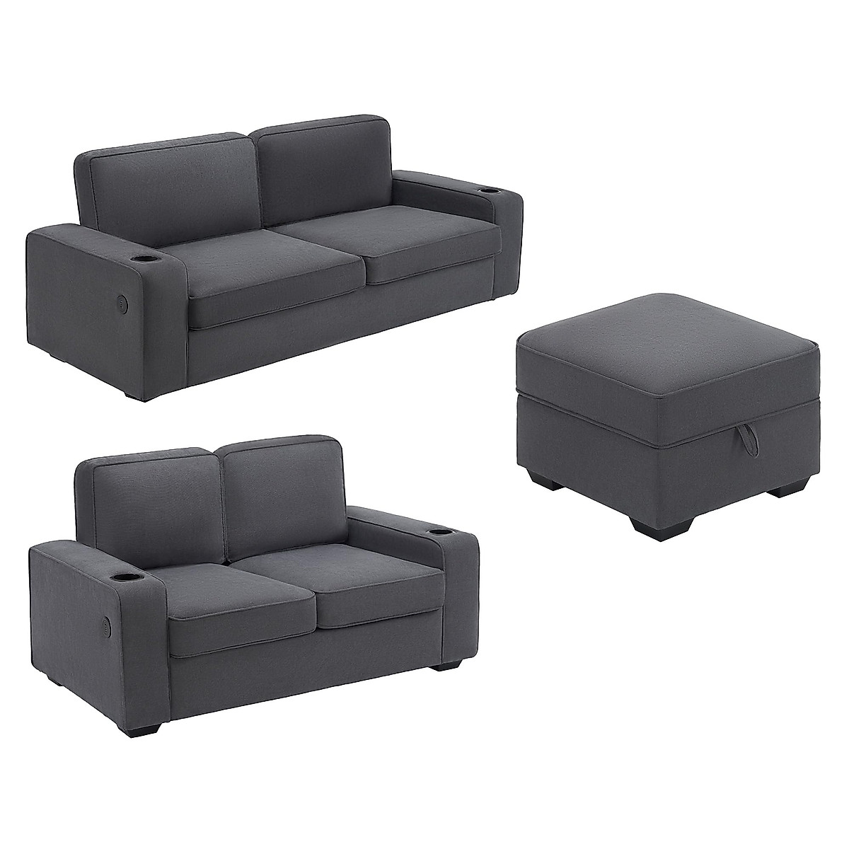 VanAcc Sofa, 2 Piece Set with Storage Ottoman, Modern Couches with Cup Holders & USB Charging Ports, 3 Seater Sofa and Loveseat- Charcoal Grey Chenille Couches for Living Room