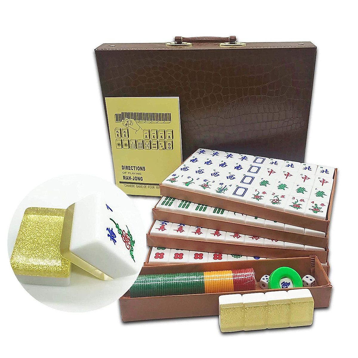 Chinese Mahjong X-Large 144 Numbered Acrylic Tiles 1.5" Large Gold Tile with Carrying Travel Case Pro Complete Mahjong Game Set - (Mah Jong, Mahjongg, Mah-Jongg, Mah Jongg, Majiang)