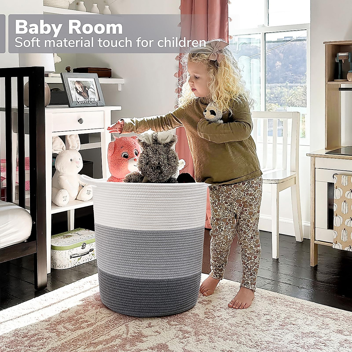 INDRESSME 17¾ x 15¾ x 13¾ inches Grey Baby Laundry Basket Thread Cotton Rope Basket Toy Storage Basket Organizer Tall Woven Basket Blanket Storage Baby Laundry Nursery Hamper for Living Room Toy Gifts