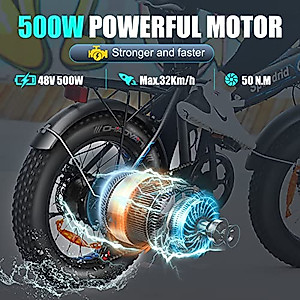 ANCHEER Electric Bike, 20'' X 4.0'' Fat Tire Electric Bike 500W Folding Electric Bike Features 48V 10.4Ah Built-in Battery, LCD Display and 6 Speed, 20MPH Snow/Beach Ebike for Adult (Blue)