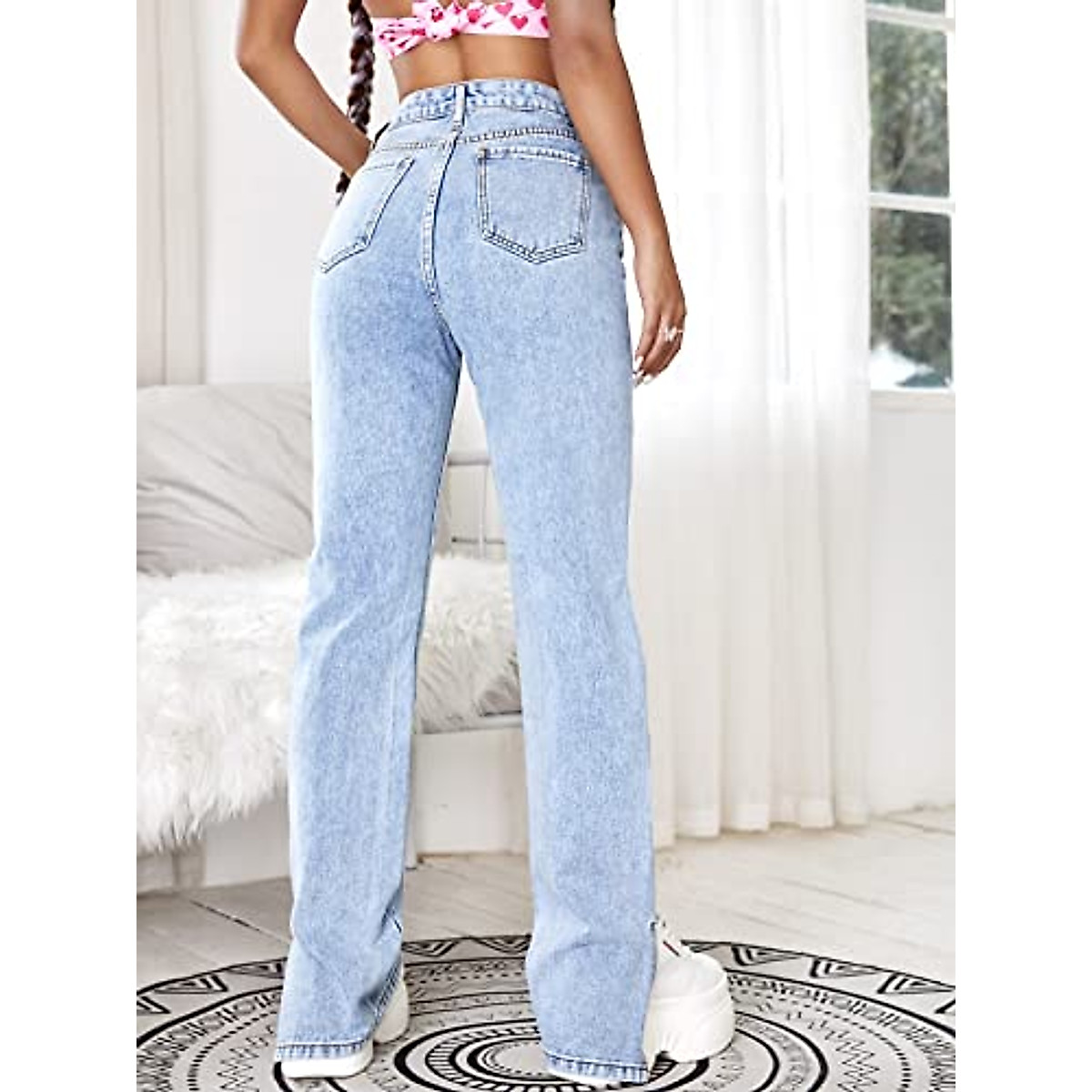 WDIRARA Women's Asymmetrical High Waist Split Side Jeans Long Denim Pants Light Wash M