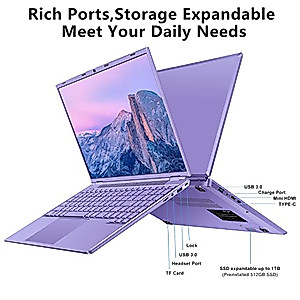 Ruzava/Aocwei 16" Laptop 12+512GB Celeron Intel N5095 (Up to 2.9Ghz) 4-Core Win 11 PC with Cooling Fan 1920 * 1200 2K Screen Dual WiFi Support 2.5" HDD 1TB SSD Expand for Game Work Study-Purple