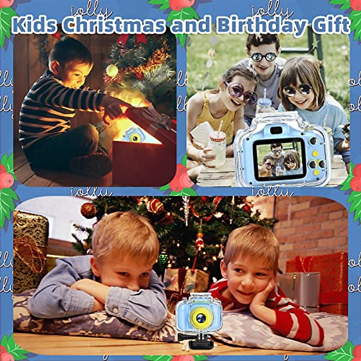 Miiulodi Kids Waterproof Camera - Birthday Gifts for 3 4 5 6 7 8 9 10 Year Old Boys 2 Inch IPS Screen Underwater Action Camera with 32 GB SD Card, Pool Toys for Kids Age 8-12 Blue