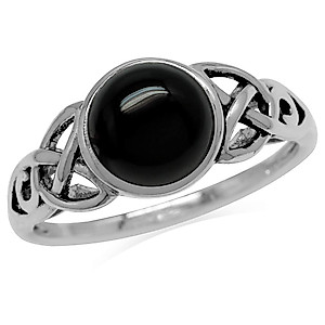 Silvershake 8mm Natural Round Shape Black Onyx 925 Sterling Silver Triquetra Celtic Knot Solitaire Ring Size 10.5