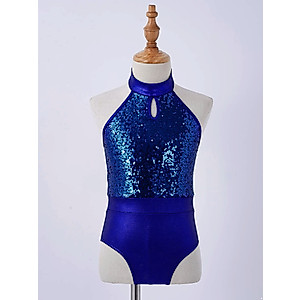 VernLan Kids Girls Sequins Sparkly Leotard Turtle Neck Ballet Dance Gym Bodysuit Jumpsuit Performance Costumes Royal Blue 8 Years