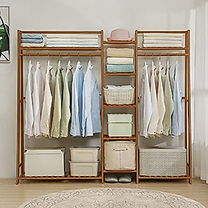 MoNiBloom Bamboo 5-Tier Garment Rack with 2 Hanging Rods Free Standing Heavy Duty Clothing Rack Wardrobe Closet Organizer for Bedroom Living Room, Brown