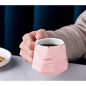 Jusalpha 7PC Deluxe Golden Marble Porcelain Coffee Mug Set with Wooden Mug Tree Holder, TCS28 (Pink)