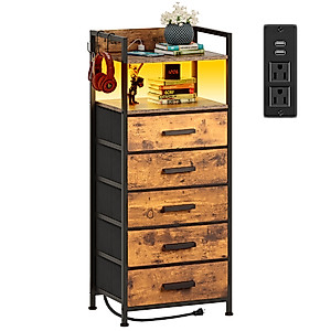 Nightstand 5 Drawer Dresser with Charging Station & LED Lights, Side Table with Fabric Drawers, End Table with Open Shelf with Hooks, Tall Dresser for Bedroom, Hallway, Entryway (Rustic Brown)