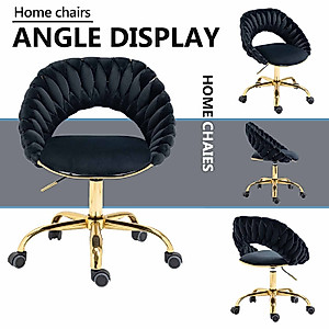 Modern Velvet Office Desk Chair, Upholstered Makeup Vanity Chair with Woven Tufted Back and Gold Base, Swivel Task Chair with Wheels Women Girls Cute Desk Chair for Vanity Room Bedroom Study Black