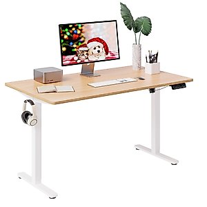 Walsunny Electric Height Adjustable Standing Desk, 55 x 24 Inches Splice Board, Sit Stand Up Computer Table, Computer Workstations for Home Office, White Frame/Walnut Top