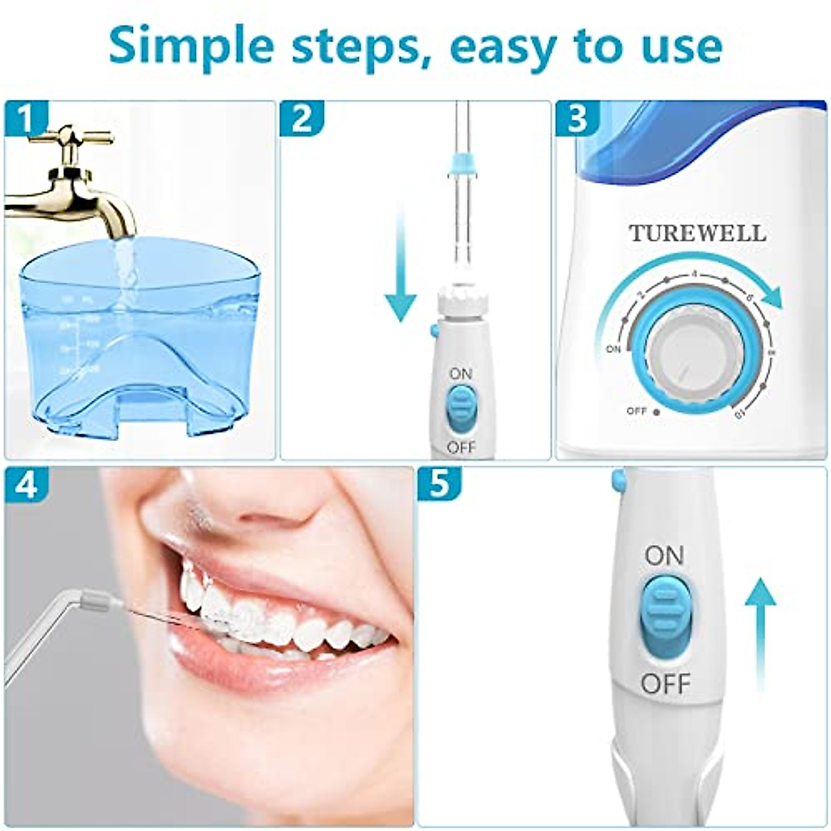 TUREWELL Water Dental Flosser for Teeth/Braces, Water Teeth Cleaner Pick 8 Jet Tips and 10 Pressure Levels, 600ML Large Water Tank Oral Irrigator for Family(White)