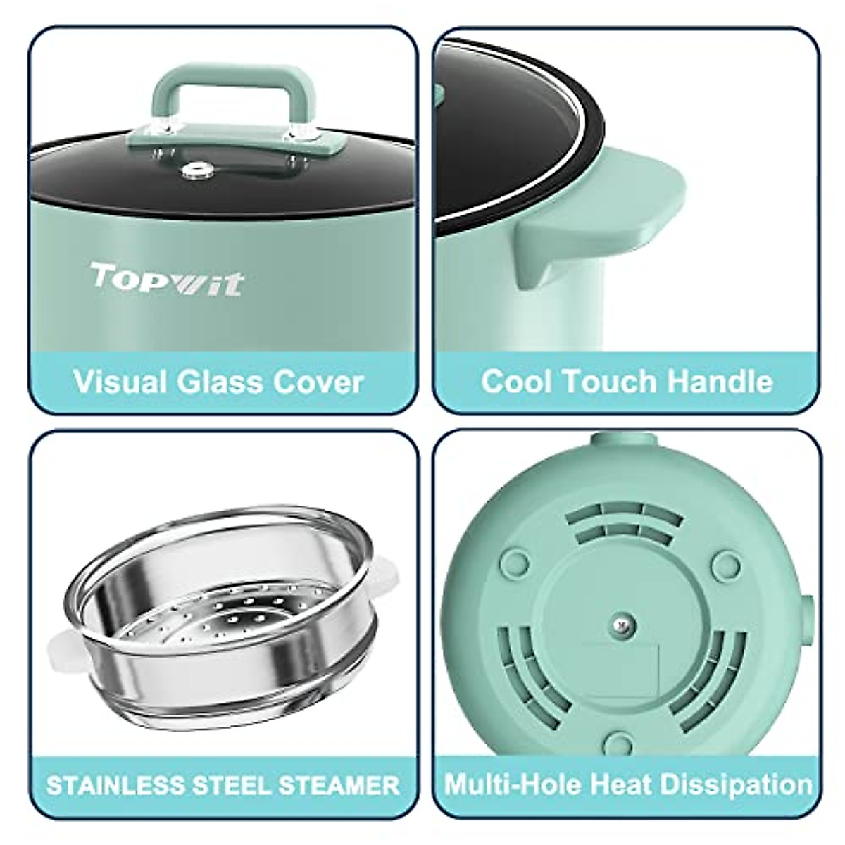Topwit Electric Pot with Steamer, 1.5L Non-stick Ramen Cooker, Hot Pot Electric, Electric Pot for Cooking Pasta, Noodles, Steak, Egg, Portable Pot with Dual Power Control, Dorm Room Essentials, Green