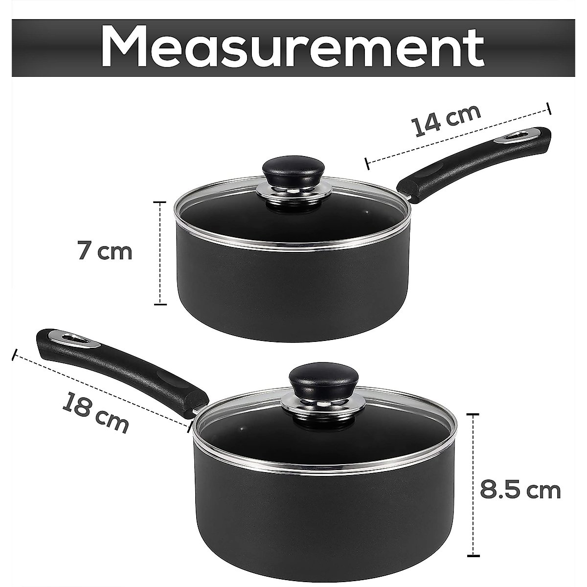 Utopia Kitchen 1 Quart & 2 Quart Nonstick Saucepans with Glass Lids & along with 8” 9” & 11” Nonstick Frying Pan - Induction Bottom - Multipurpose Use for Home Kitchen or Restaurant - Grey-Black