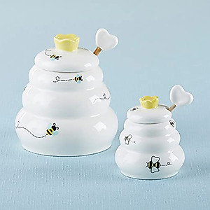Kate Aspen Sweet as Can Bee Ceramic Mini Honey Pot with Wooden Honey Dipper (3.4 oz) Honey Jar, Bee Decor, White/Yellow (23261WT)