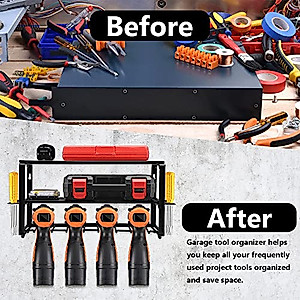 Qtimal Power Tool Organizer with 2 Side Screwdriver Storage Racks, Heavy Duty Utility Metal Cordless Drill Holder, Removable Garage Wall Mount Floating Tool Shelf, Bonus 10 Pack S Hooks