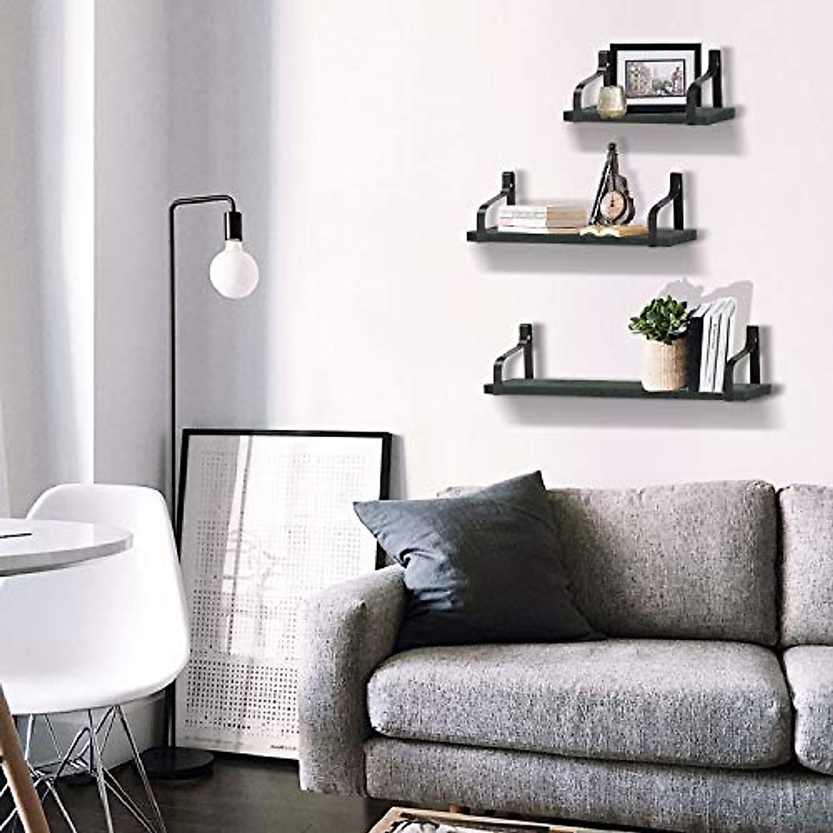 Flexzion Rustic Floating Book Shelves for Wall - Wall Mounted Set of 3 Floating Shelves for Bedroom, Bathroom, Kitchen, Living Room, and Plants - Floating Shelf, Dark Gray