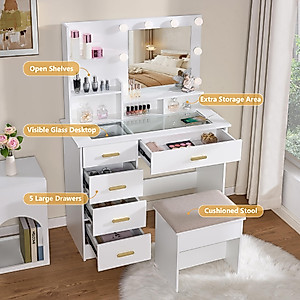 ANWBROAD Makeup Vanity Desk with Mirror and Lights Power Outlet 35.5" Vanity with Glass Top Dresser 3 Lighting Modes Brightness Adjustable White Vanity Desk with Drawers Shelves Bedroom Stool UBDT64W