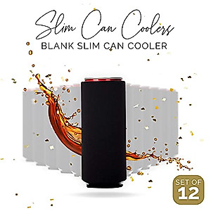 Set of 12 Blank Slim Can Coolers, 12 Neoprene slim can sleeves, 12oz Blank Beer Skinny Can Cooler, Perfect Sublimation Slim Can Cooler (Black)