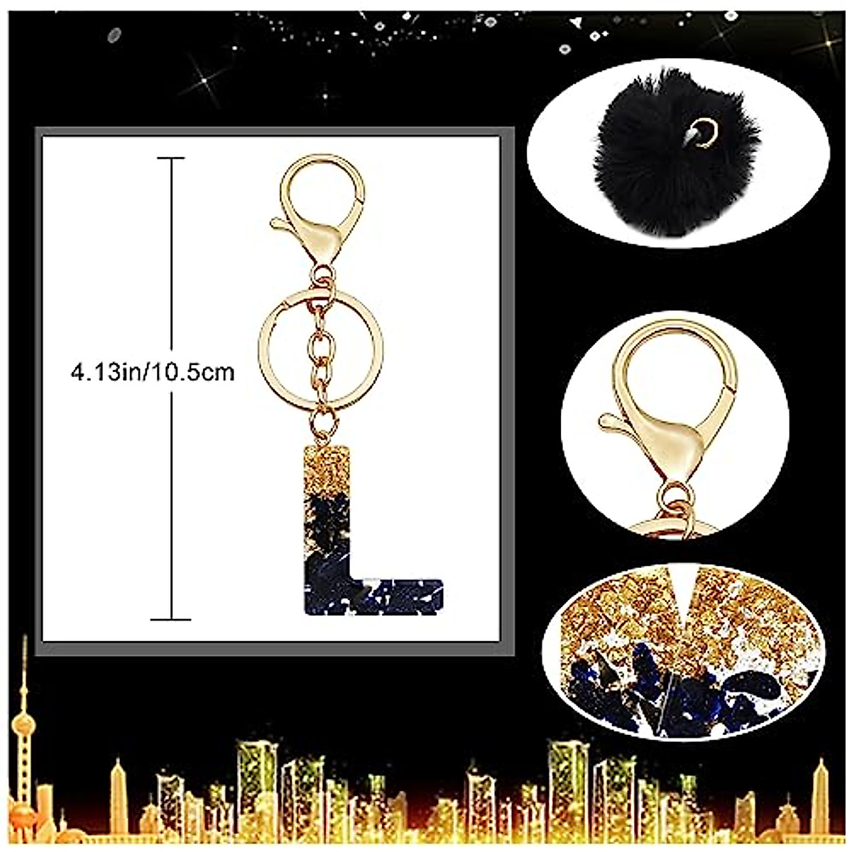 Lucky 26 Initials Letter Keychain Black Plush Ball Keyring Resin Letter Pendant Gift for Women Girl (Black Plush Ball letter-L)