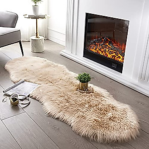 SERISSA Ultra Soft Fluffy Rug Beige Faux Sheepskin Fur Area Rug Shaggy Couch Cover Seat Cushion Furry Carpet Beside Rugs for Bedroom Floor Sofa Living Room Runner, 2x6 Feet (Sheepskin Shape,Beige)
