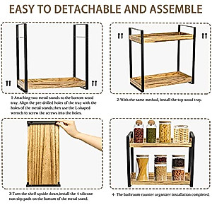 HMSOFTEST 2 Tier Bathroom Counter Organizer, Wood Bathroom Organizer Countertop, Cosmetic Storage Tray Vanity Organizer, Kitchen Snack Spice Rack, Bathroom Sink Organizer, Coffee Station Shelf（Brown）
