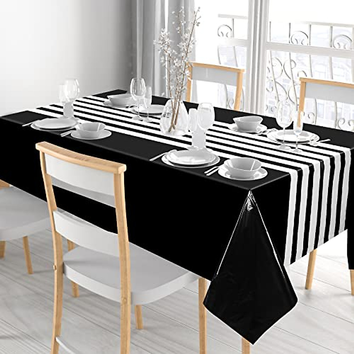 Disposable Boho Black and White Striped Tablecloth, 86 x 54 Inch Rectangle Plastic Table Cover for Birthday Party, Wedding, Reception, Bridal Showers Modern Wedding Party Decoration (3 Pieces)