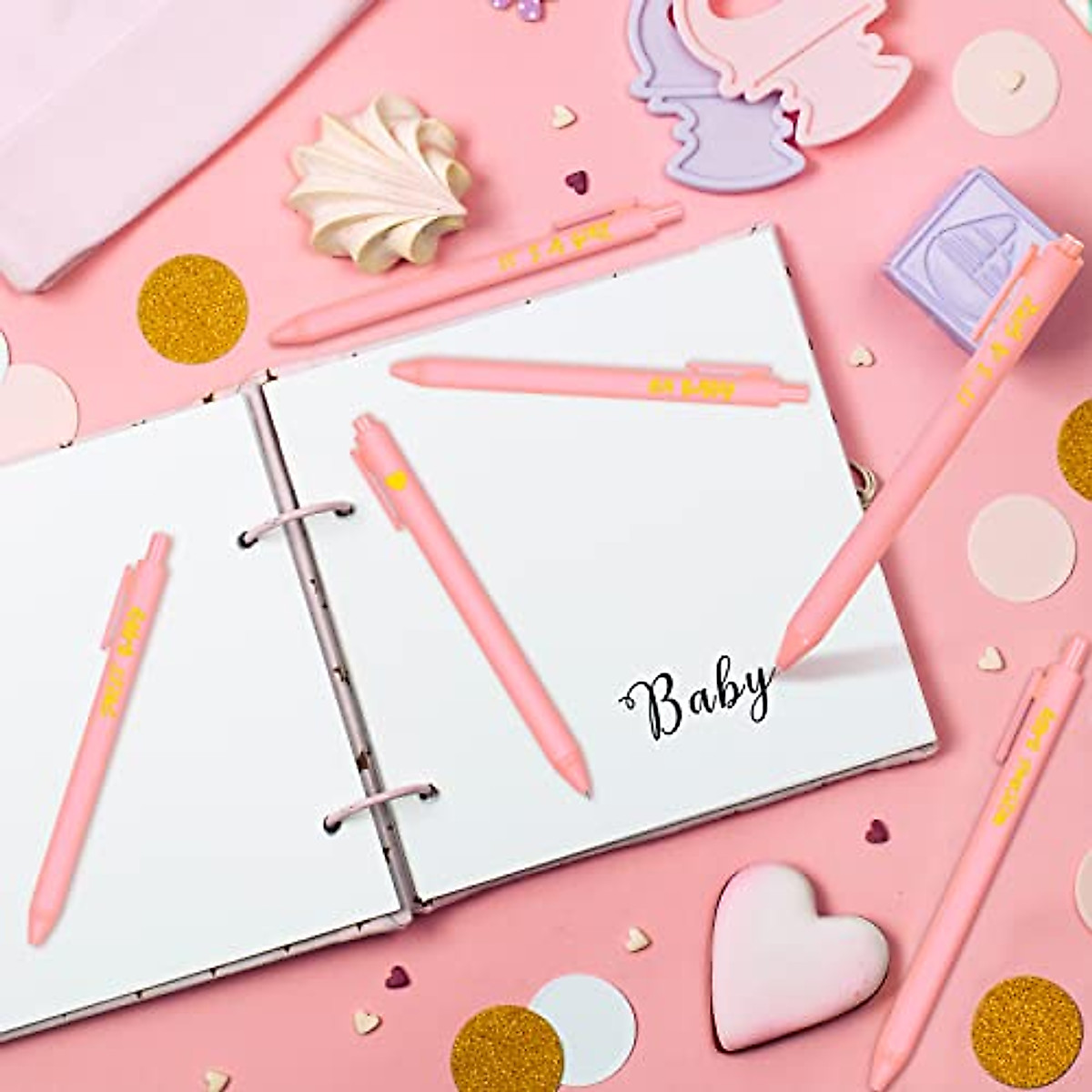 Nuanchu 50 Pcs Baby Shower Pens Retractable Ballpoint Pen with Black Ink Baby Shower Favors for Girl Boy Baby Shower Games Decors Office School Teacher Student Writing Supplies (Pink, Girl Style)