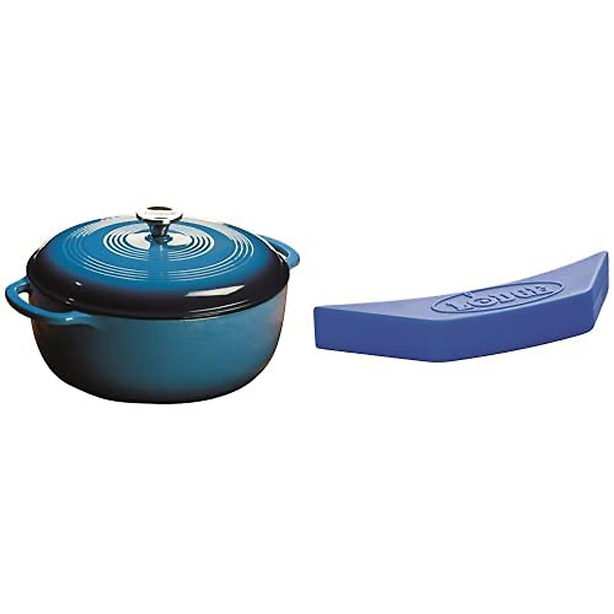 Lodge EC7D33 Enameled Cast Iron Dutch Oven, 7.5-Quart, Caribbean Blue & ASAHH31 Silicone Assist Handle Holder, Blue