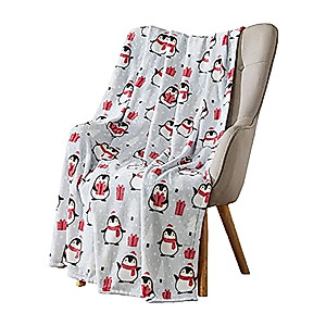 Holiday Christmas Throw Blanket: Soft Cute Winter Penguins with Presents Snuggle Accent for Sofa Couch Chair Bed or Dorm