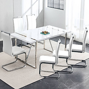Dining Table Set for 6，White Rectangular MDF Kitchen Table and Leather Dining Chairs Set of 6, 7 Piece Dining Table Set，Modern Metal Frame Dining Room Table Set 6 with Metal Frame For Kitchen
