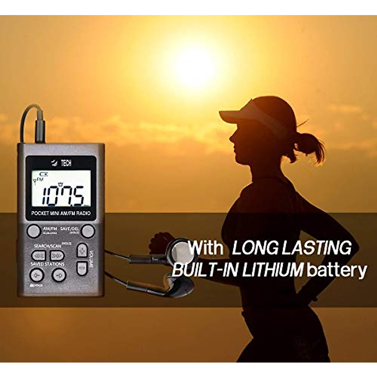 BTECH MPR-AF1 AM FM Personal Radio with Two Types of Stereo Headphones, Clock, Great Reception and Long Battery Life, Mini Pocket Walkman Radio with Headphones (Silver)