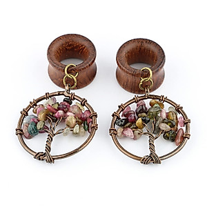 0G 8mm Multicolor Tourmaline Tree of Life Wood Dangle Ear Gauges Piercing Flesh Tunnels Plugs Stretching Kit Expander