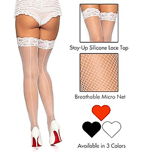 Leg Avenue Women's Fishnet Thigh High Stockings with Back Seam and Silicone Lace Top, White, One Size