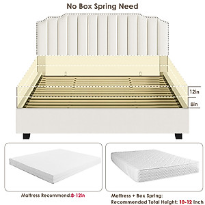 Full Size Bed Frame, Upholstered Lift Up Bed Frame with Button Tufted Headboard, Velvet Platform Bed with Solid Wooden Slats Support, No Box Spring Needed, Beige