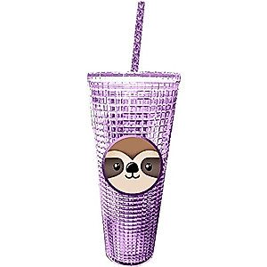 Spoontiques - Diamond Tumbler - Textured Cup with Straw - Double Wall Insulated and BPA Free - 20 oz - Sloth
