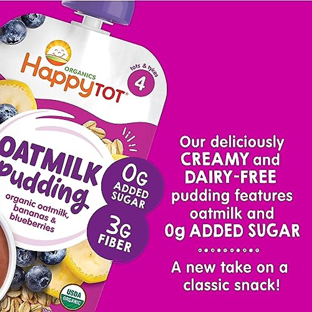 Happy Tot Organics Oatmilk Pudding, Dairy-Free, Stage 4 Toddler Snack, Oatmilk, Bananas & Blueberries, 4 Ounce Pouch, Pack of 16