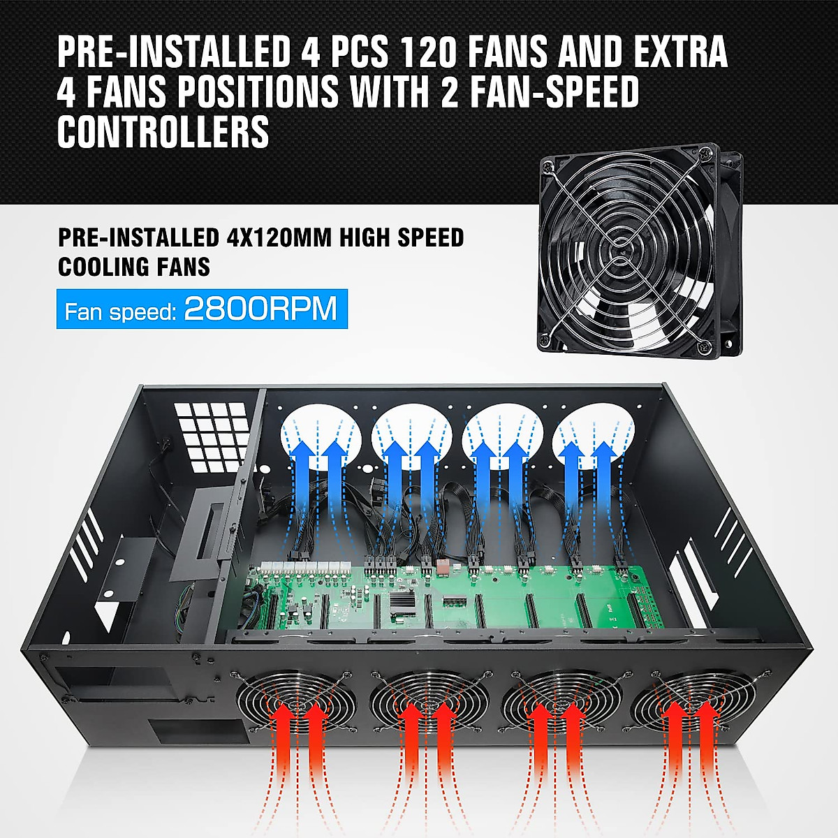 DAYLEAD Mining Rig Case 8 GPU Mining Case with Mining Motherboard Support 8 Cooling Fans(4 Preinstalled) for BTC/ETH/ZEC GPU Mining Rig (Without GPU, PSU)