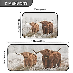 JUNZAN Scottish Highland Cow Kitchen Rugs and Mats Set of 2 Non Slip Anti Fatigue Runner Rug for Farmhouse Laundryroom Bathroom Home Western Decor Floor Mat