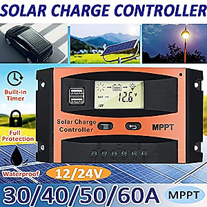 30A Solar Charge Controller,MPPT Solar Charger Controller, 12V/24V Solar Panel Intelligent Regulator with Dual USB Port and PWM LCD Display